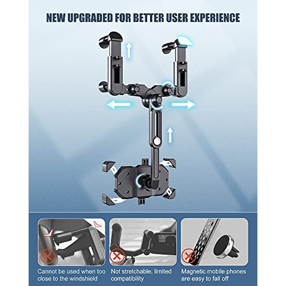 Lonbor Phone Mount for Car【Big Rear Mirrors Friendly】 Rear View Mirror Phone Holder,【2023 Upgraded 4 Clip More Stable】 360 Rotatable and Retractable Car Phone Holder Fit All Mobiles & Vehicles