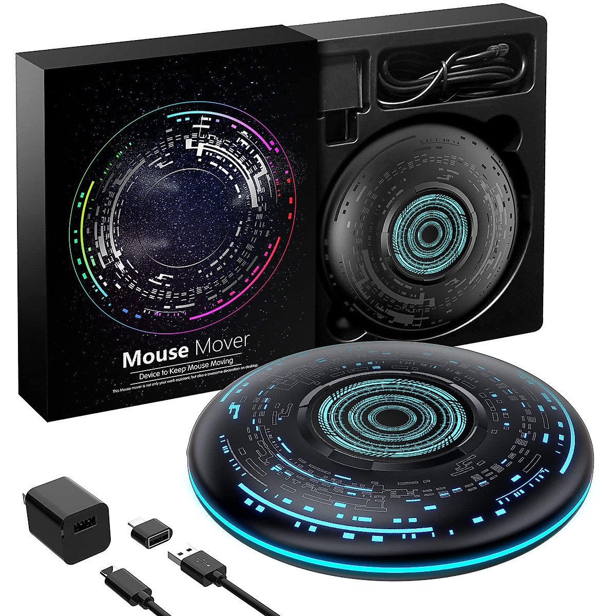 BNING Mouse Mover Device, RGB Breathing Light Mouse Jiggler Undetectable Mouse Shaker Simulator for Computer Laptop Awakening, Include USB C to USB Adapter & Charger (Black Magic Wheel)