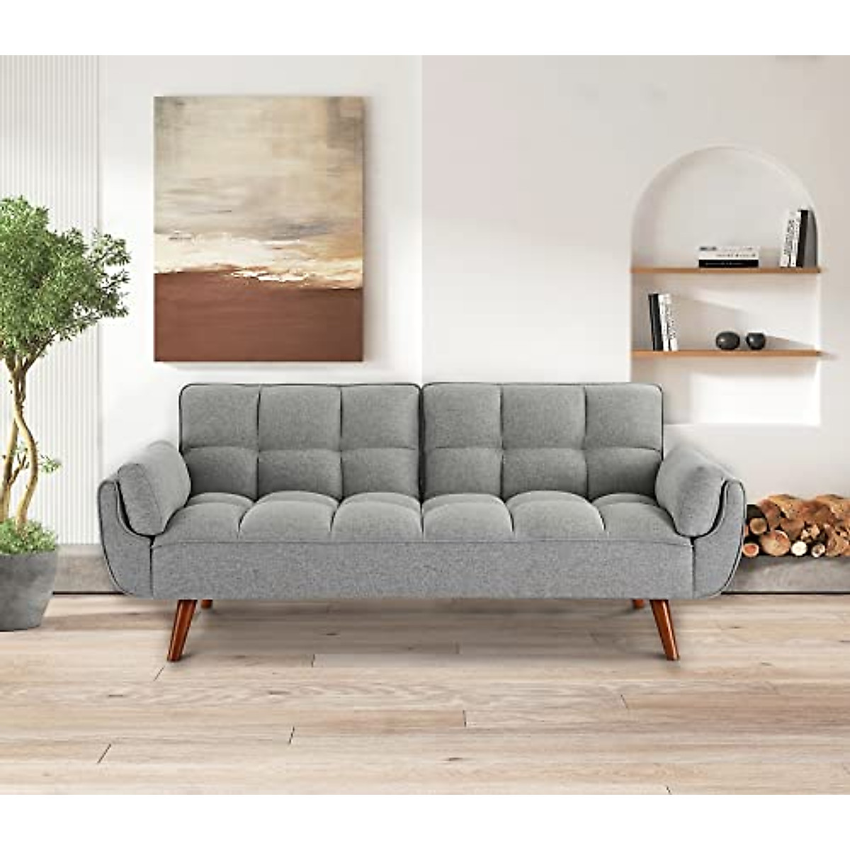 Melpomene Convertible Sofa Sleeper with Armrest,Upholstered Modern Linen Split-Back Futon Sofa Bed with Adjustable Back and Wood Legs,Grey