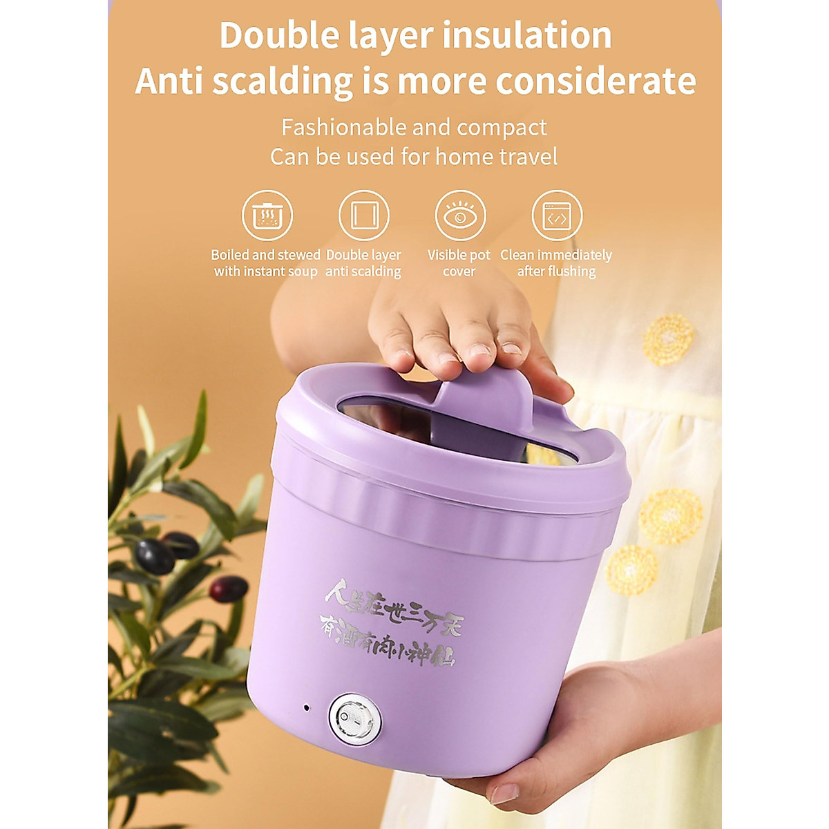Mini Electric Cooker, Multifunctional Small Pot, Versatile Electric Hot Pot, 1.2L Multi Cooker Pan With Lid & Phone Holder,Portable Ramen Pot Cooker for Small Household Hot Pot (Purple)