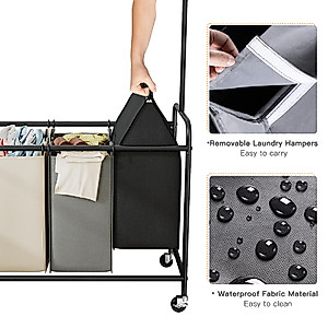 Raybee Laundry Hamper, Laundry Basket, Laundry Sorter, 200L（53Gal）Laundry Basket with Wheels, Laundry Sorter 3 Section, Laundry Hamper with 13" Adjustable Hanging Bar and 3 Tier Shelves