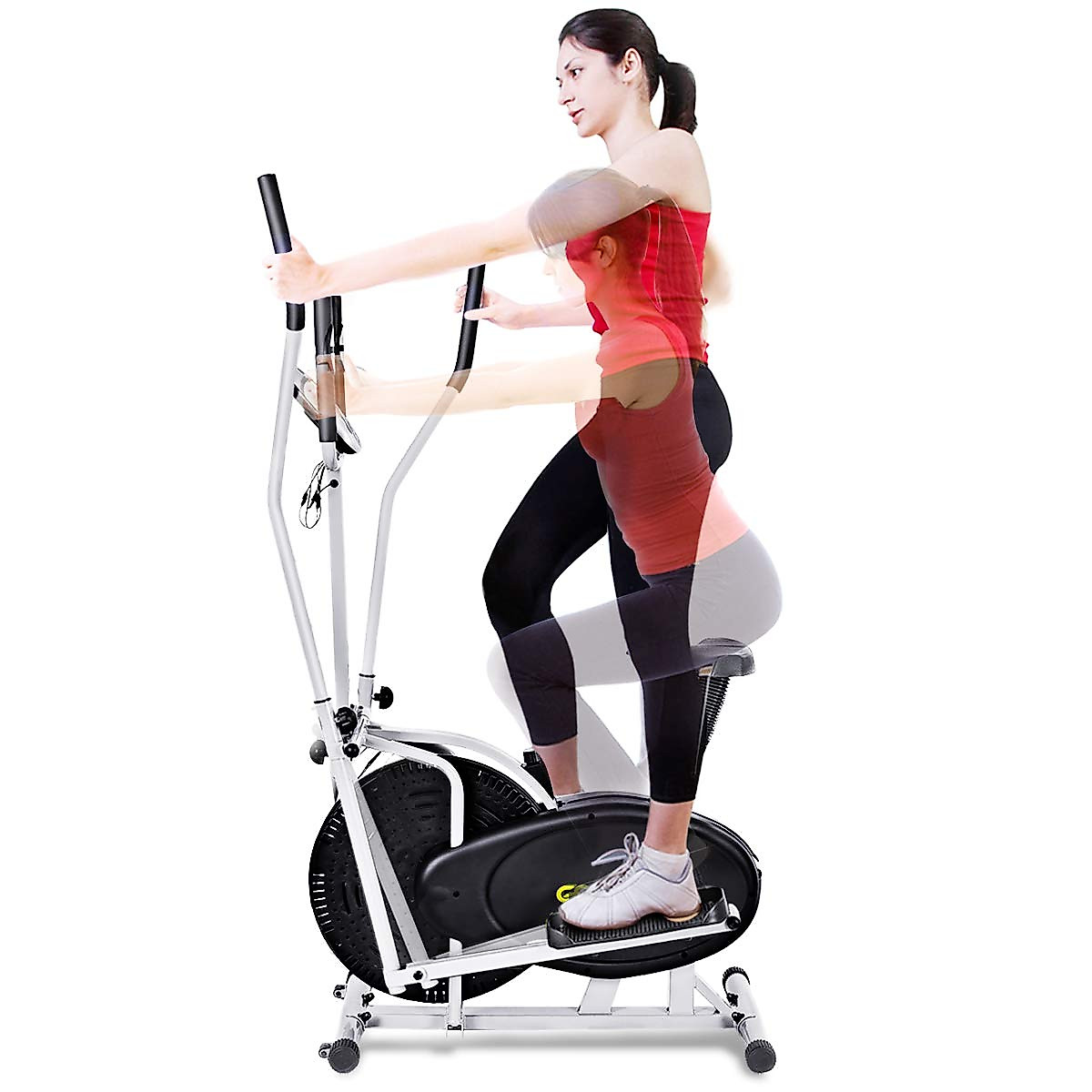 Nightcore 2 in 1 Elliptical Fan Bike Dual Cross Trainer Machine, Workout Exercise Bike with Electronic Display Screen Adjustable Seat & Two Pairs of Armrests for Indoor Home Office Gym Use, Black