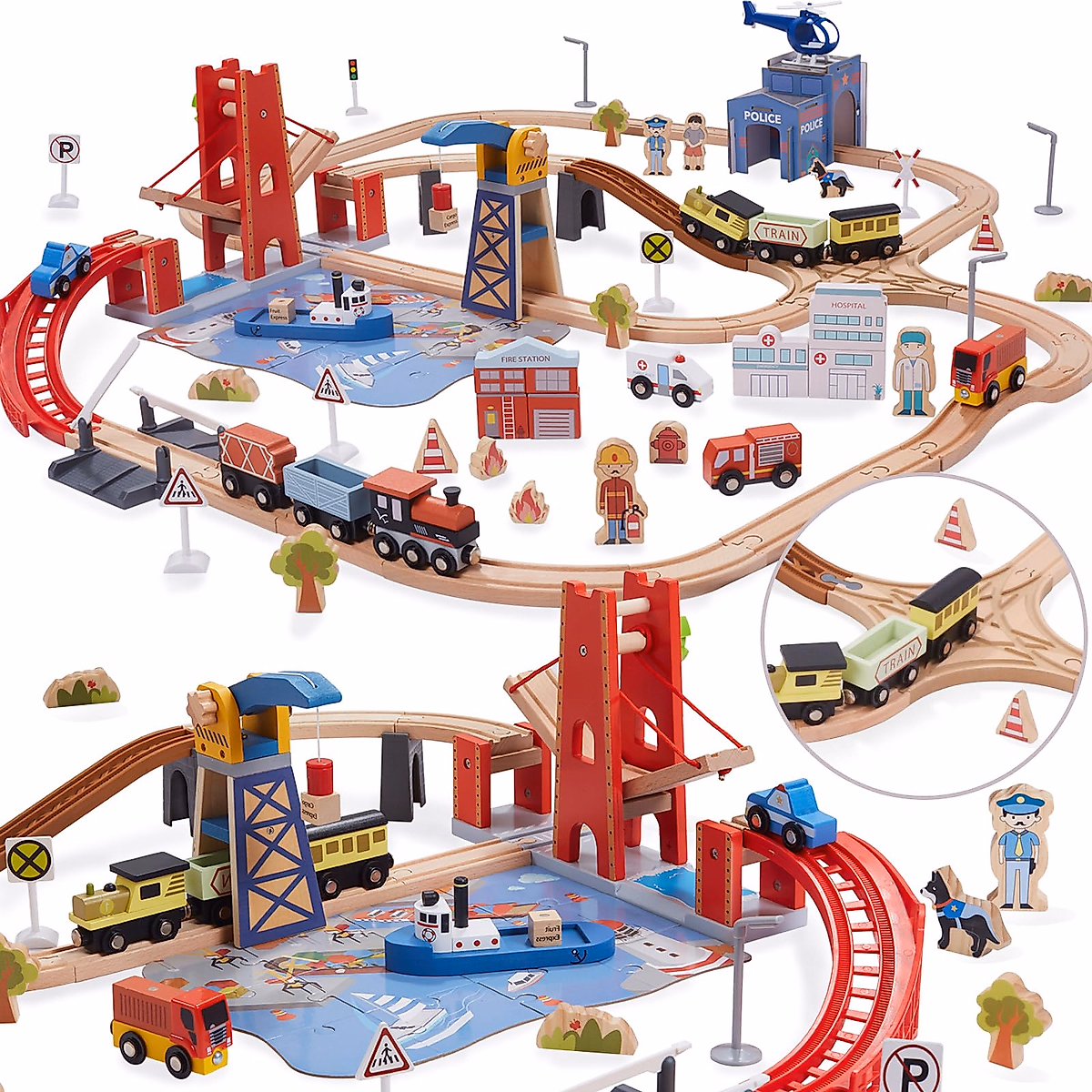 Giant bean 117 Pcs Busy Port City Train Set for Kids- Expandable & Changeable Wooden Train Tracks Set Toddler Toy, Gift for Boys and Girls Ages 3+, Fits for Thomas The Train, Brio, Melissa & Doug
