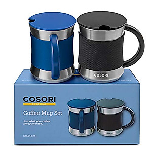 COSORI Coffee Mug with Lids Set of 2, Stainless Steel Cups with Heat-resistant Handle & Slip-resistant Sleeve, 17 oz, Best Match w/Mug Warmer, for Coffee,Tea,Water,Cocoa, Milk, C1601-CM, Black & Blue