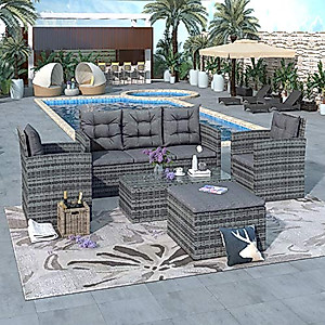 SIYAHOME Conversation 5 Piece UV Outdoor Patio Storage Bench Garden Furniture, PE Modular Set, All Weather Rattan Sofa Dining Table Chair, Grey Wicker, Gray