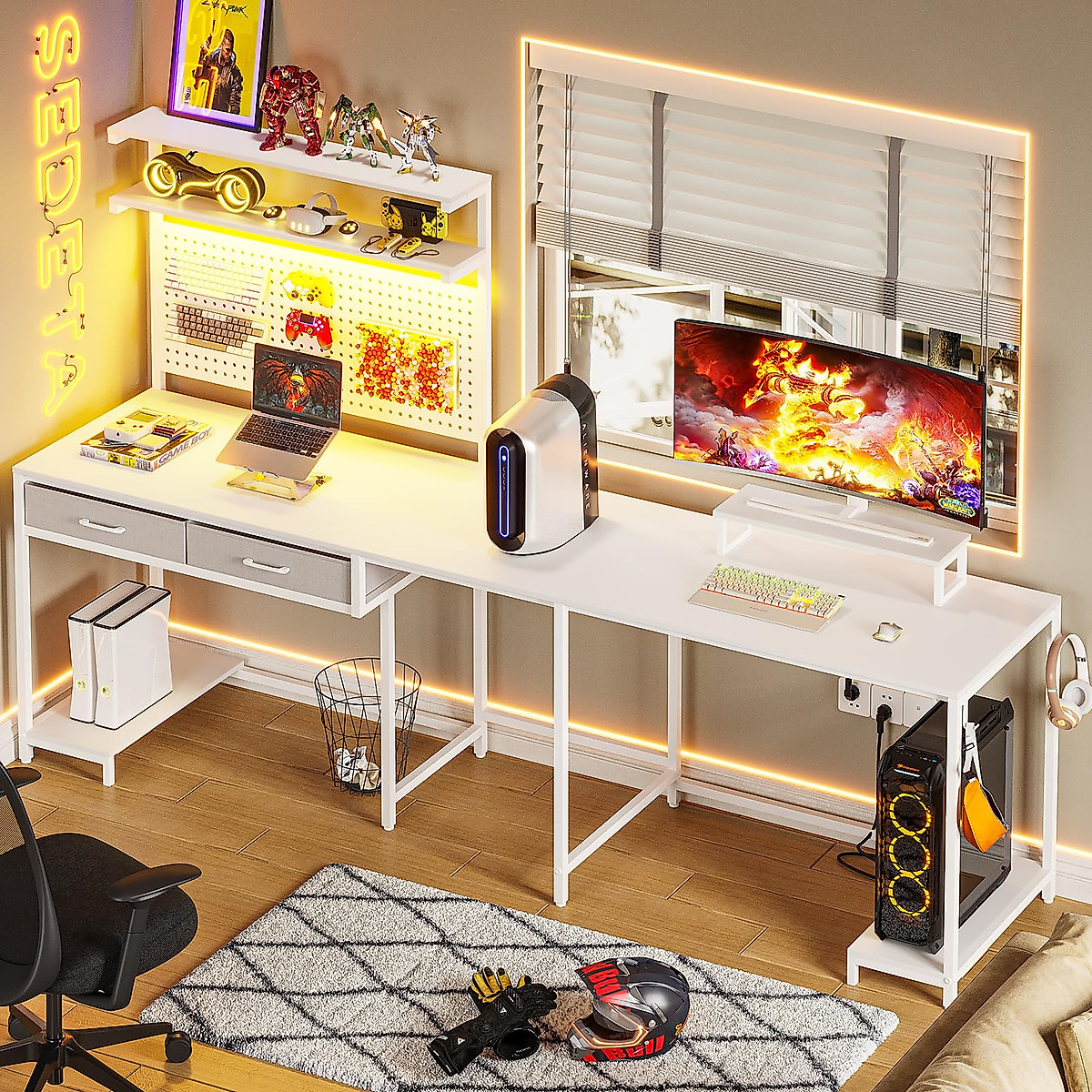 SEDETA White L Shaped Gaming Desk with LED Lights and Drawers, Gaming Desk with Hutch & Pegboard, Computer Desk with Monitor Stand, Storage Shelves, Home Office Desk Corner Desk, Gaming Table