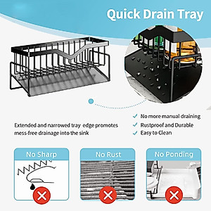 DMJWAN Kitchen Sink Caddy Organizer, 304 Stainless Steel Sponge Holder Sink Caddy with Auto Drain Tray, Holds Sponge, Dish Soap Dispenser, Cleaning Towel, Scrubber, and Utensils