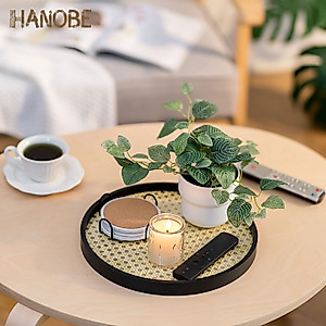 Hanobe Round Decorative Coffee Tray: Coffee Table Trays Decor Circle Rattan Tray with Black Wooden Frame for Storage & Display Serving Tray for Counter Living Room Dresser Makeups