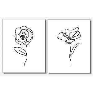 Black and White Wall Art - Flower Line Drawings - Botanical Prints - Abstract Pictures - Set of 4-11x14 - Unframed (11x14)