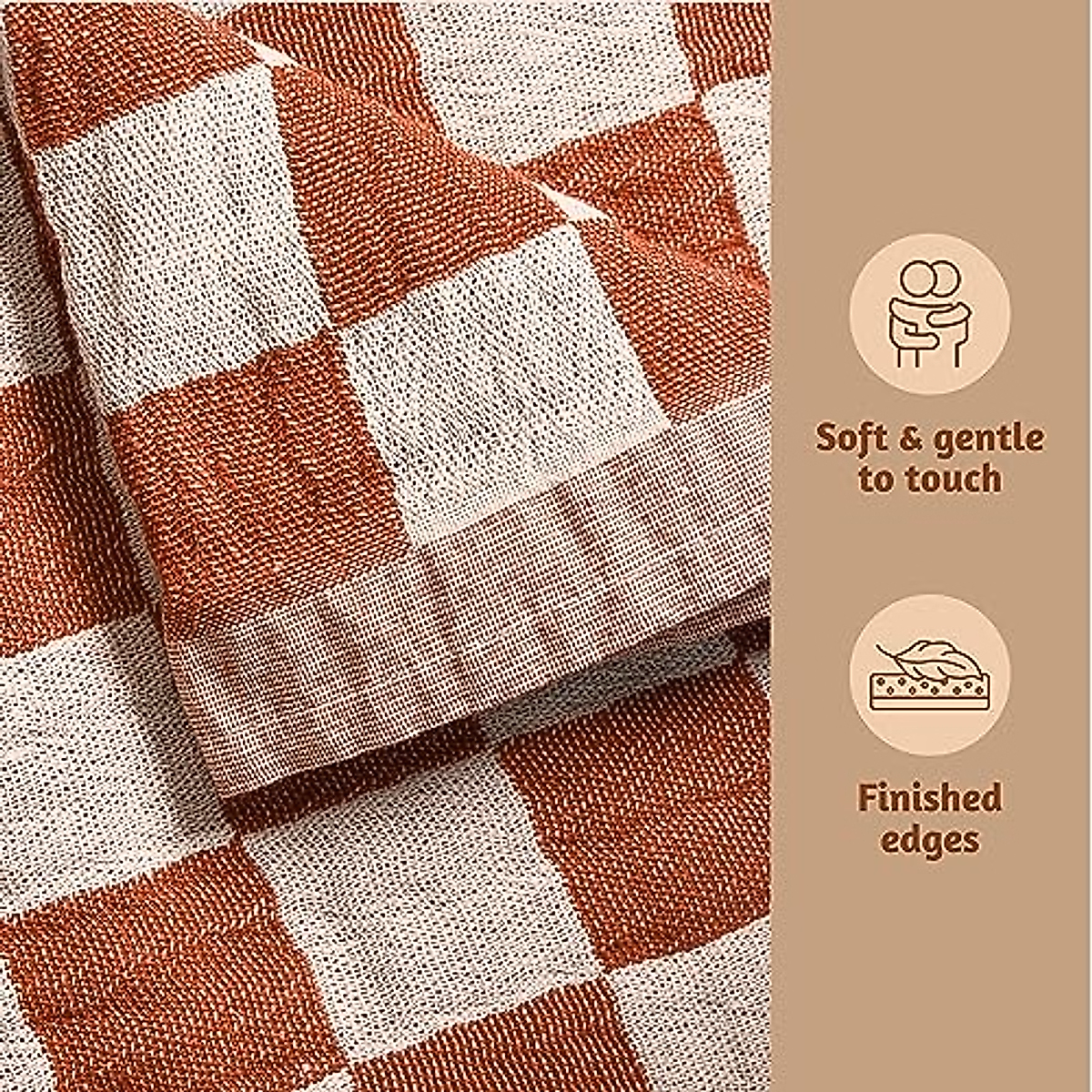 Folkulture 100% Cotton Throw Blanket, Rust Checks, 50x60in, Soft, Lightweight, Travel, Napping, All Seasons, Machine Wash