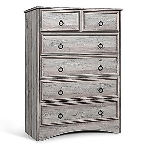 VVFLU Grey 6 Drawers Dresser, Light Rustic Oak Dresser, Tall Wood Chest of Drawers, Storage Organizer for Clothes, Grey Vintage, for Living Room, Bedroom, Hallway