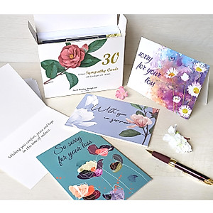Sympathy Cards with Envelopes and Stickers, 30 Unique Designs with Messages Inside, Large 5x7 Inch Folded Condolence Cards, Thick Cardstock in a Sturdy Box