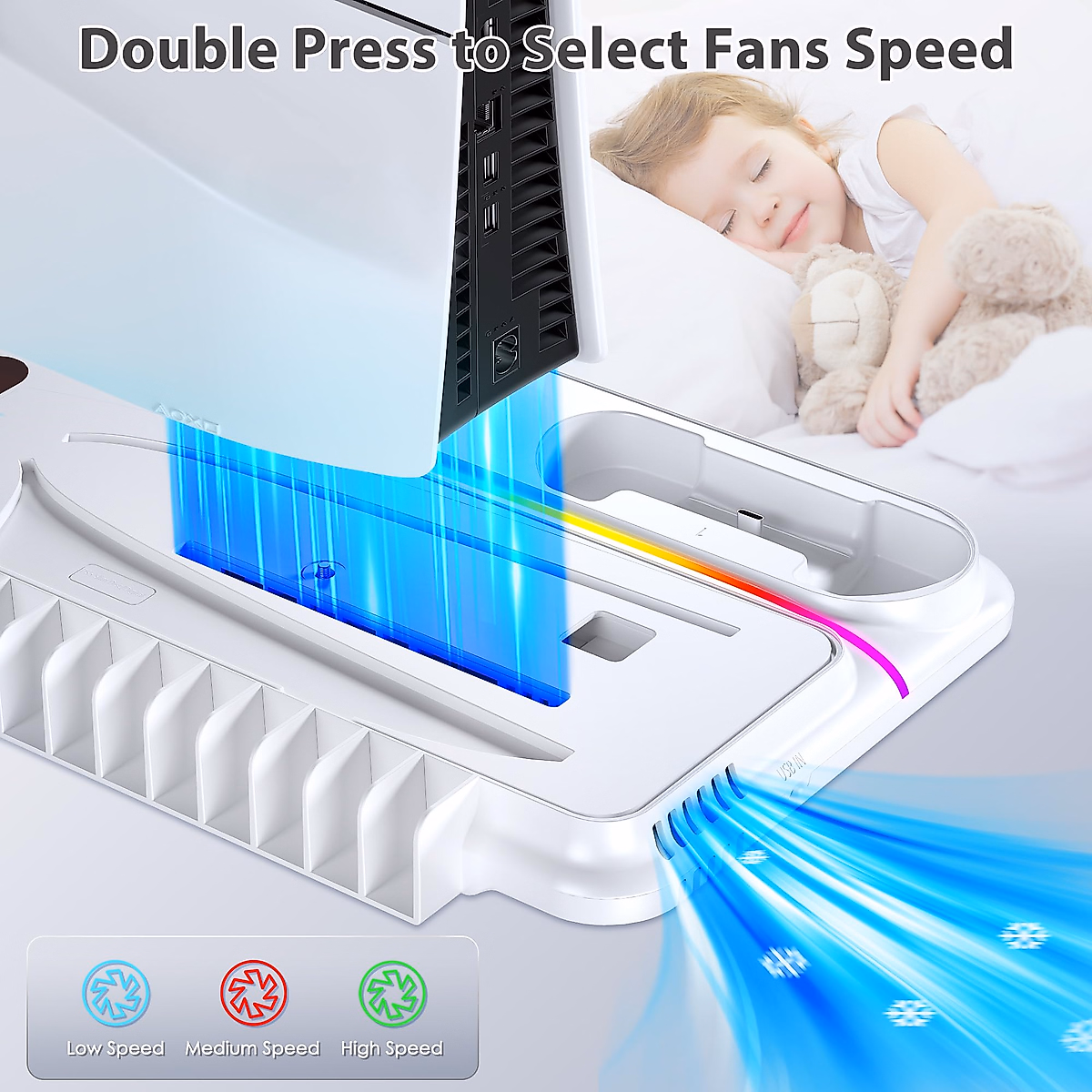 PS5 Cooling Station for PS5/Slim/Pro Disc Digital Console,PS5 Fan Cooling Fan with Dual PS 5 Controller Charger,3 Level Fan, RGB Light,12 Slot, PS5/Slim/Pro Stand for PlayStation 5 Console Accessories