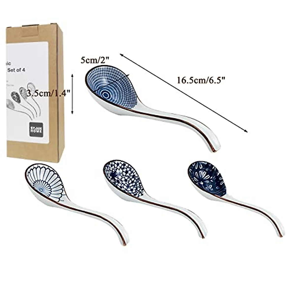 Ceramic Soup Spoons Sets of 4,Asian Soup Spoons,Long Ramen spoons,Japanese soup spoons for Pho,Wonton,Noodles,Chinese Ceramic Rice Spoons,4Pcs