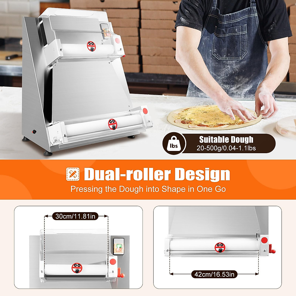 Pizza Dough Roller Sheeter,3-15 Inch Automatic Commercial Pizza Press,390W High Efficiency Electric Dough Roller,Stainless Steel Adjustable Thickness Dough Machine for Pizza Pasta Maker Equipment