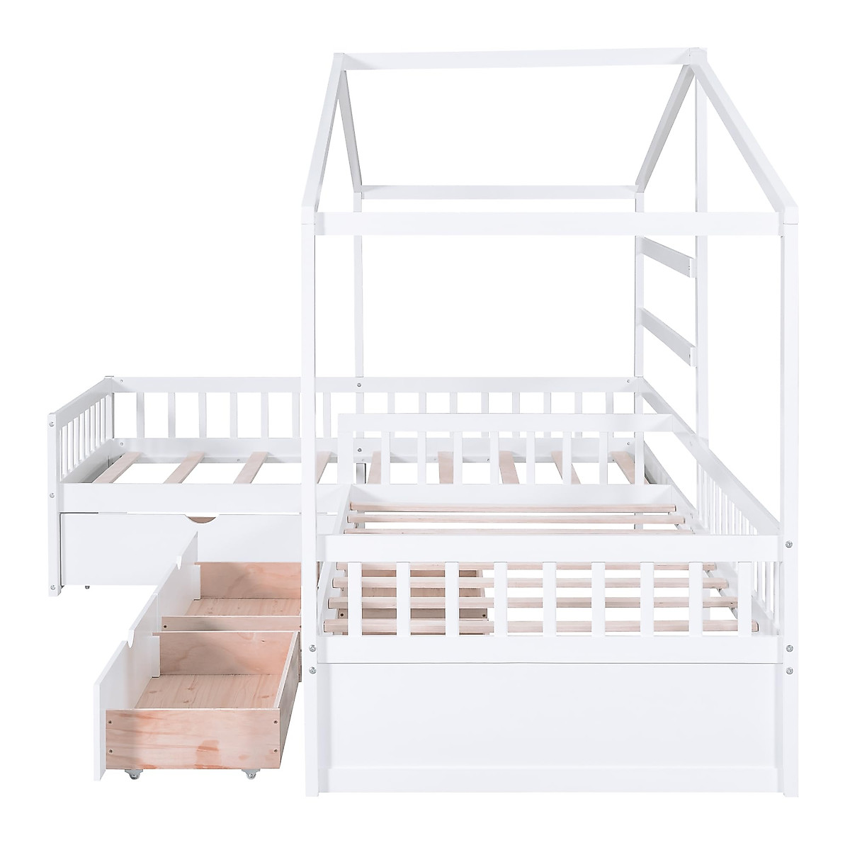 Lakifun L Shaped Bed Frame for Kids, Double Twin Corner House Bed with 3 Storage Drawers & Fence, Modern Solid Wood Platform Bed for Girls Boys Bedroom, Maximize Space (White)