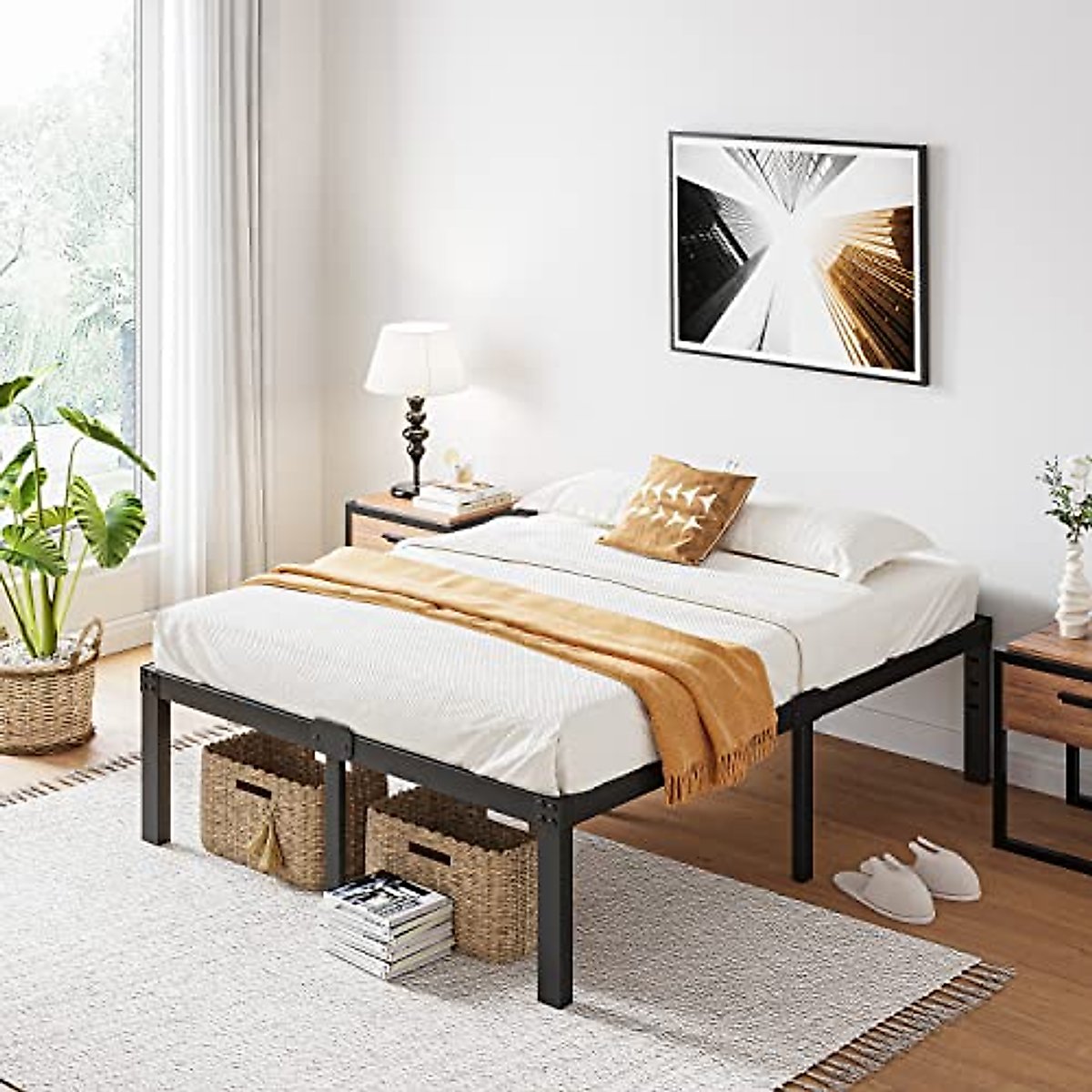 Gdduck 18 Inch Queen Size Bed Frame Platform Metal Bed Frame with Storage，Sturdy Steel Frame No Box Spring Needed,Black Frame Heavy Duty Noise-Free,Easy Assembly，Support up to 3500lbs