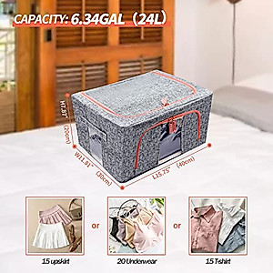 PoPThinG Metal Support Clothes Storage Bag. Organizer box with Support, Hard Bottom, Sturdy Handle, Durable Zipper. Suitable for Clothes, Underwear, Towel. 2 Pack/ 6.34gal /Grey