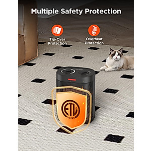 1500W Small Space Heater, Electric Heaters for Indoor Use, PTC Ceramic Space Heater with Adjustable Thermostat, Portable Space Heater for Bedroom and Office Desk Use, 3 Modes, Safety Quiet Heating