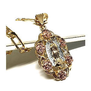 Tri-Color Virgin Mary Flower Pendant Necklace 26" Virgen de Guadalupe Medalla Tres Colores Con Flores