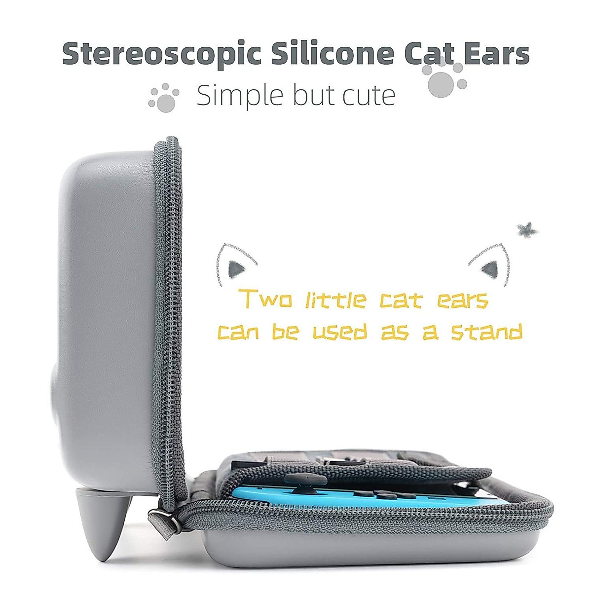 GeekShare Cat Ears Carry Case Compatible with Nintendo Switch/Switch OLED - Portable Hardshell Slim Travel Carrying Case fit Switch Console & Game Accessories (Grey, Large)