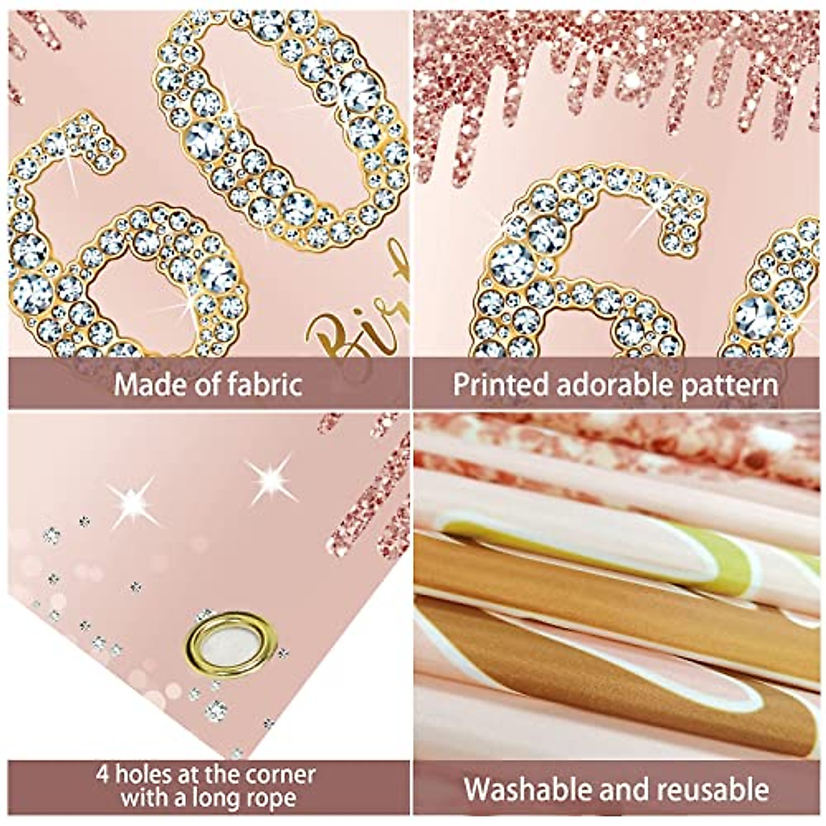 Happy 60th Birthday Banner Backdrop Decorations for Women, Rose Gold 60 Birthday Party Sign Supplies, Pink Sixty Year Old Birthday Poster Background Photo Booth Props Decor
