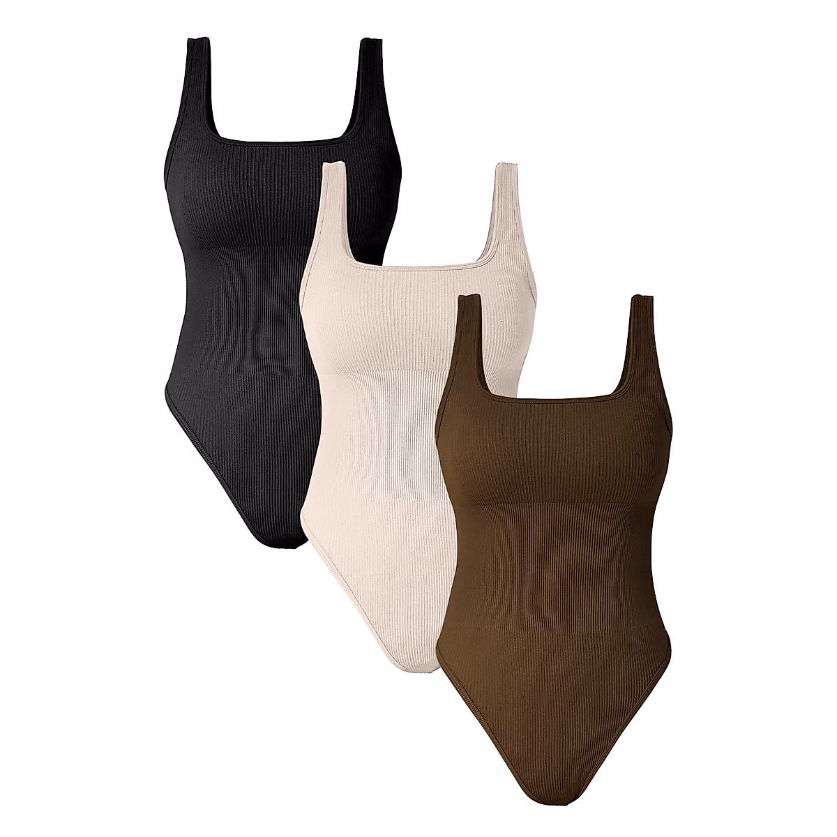 AUTOMET Women's Blackbeigebrown Sleeveless Square Neck Nylon,Spandex Medium Leotard