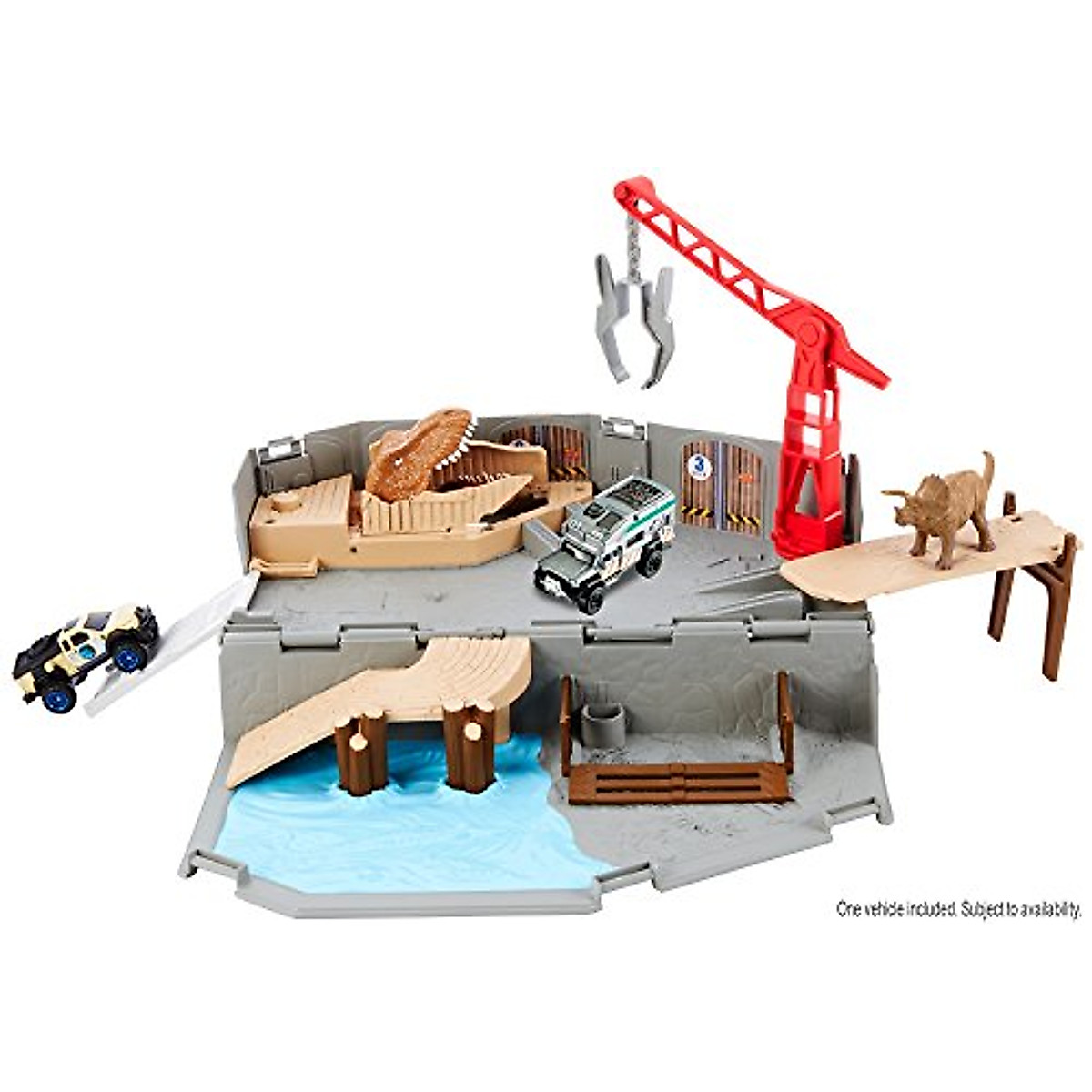 Jurassic World Toys Matchbox Harbor Rescue Playset, Dock, Ramps, Crane, Habitat Pen, Push Button Trigger, Triceratops Dino Action Figure, Off Road vehicle, Folds Up for Easy Storage, Portable