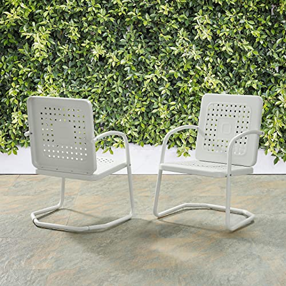 Crosley Furniture Bates 2-Piece Outdoor Chair Set, Retro Metal Patio Chairs for Dining, Porch, Deck, Balcony, White Gloss