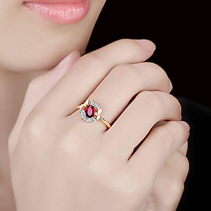 KnBoB Women Flowers Oval Shape 0.6ct Ruby Ring 18K Rose Gold Promise Wedding Engagement Bridal Anniversary Ring Size 7