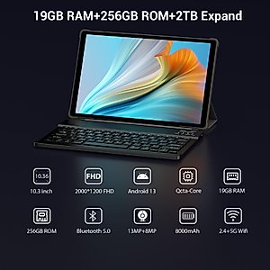 Android 13 Tablet with Keyboard 10.4 inch Tablets,19GB(8+11)Ram 256GB Storage Tablet 1TB Expandable, 8 Core Processor, 2000*1200 IPS, 2.4G/5G WiFi, 8000mAh, BT 5.0, GPS Android Tablets bundle-Black