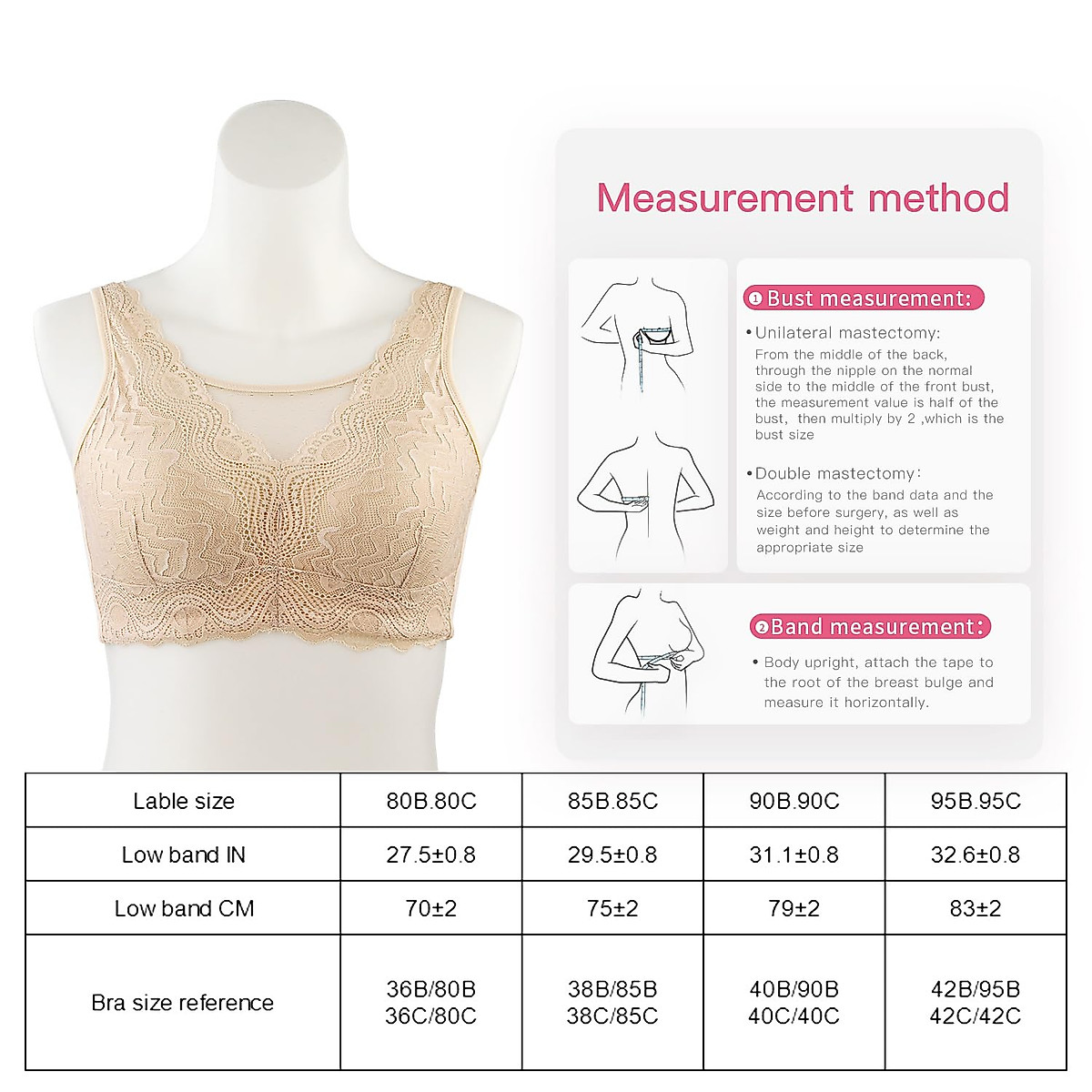 Polreta Mastectomy Bra with Pockets for Prosthesis Women Post Surgety Bra Cotton Daily Bralettes Skin