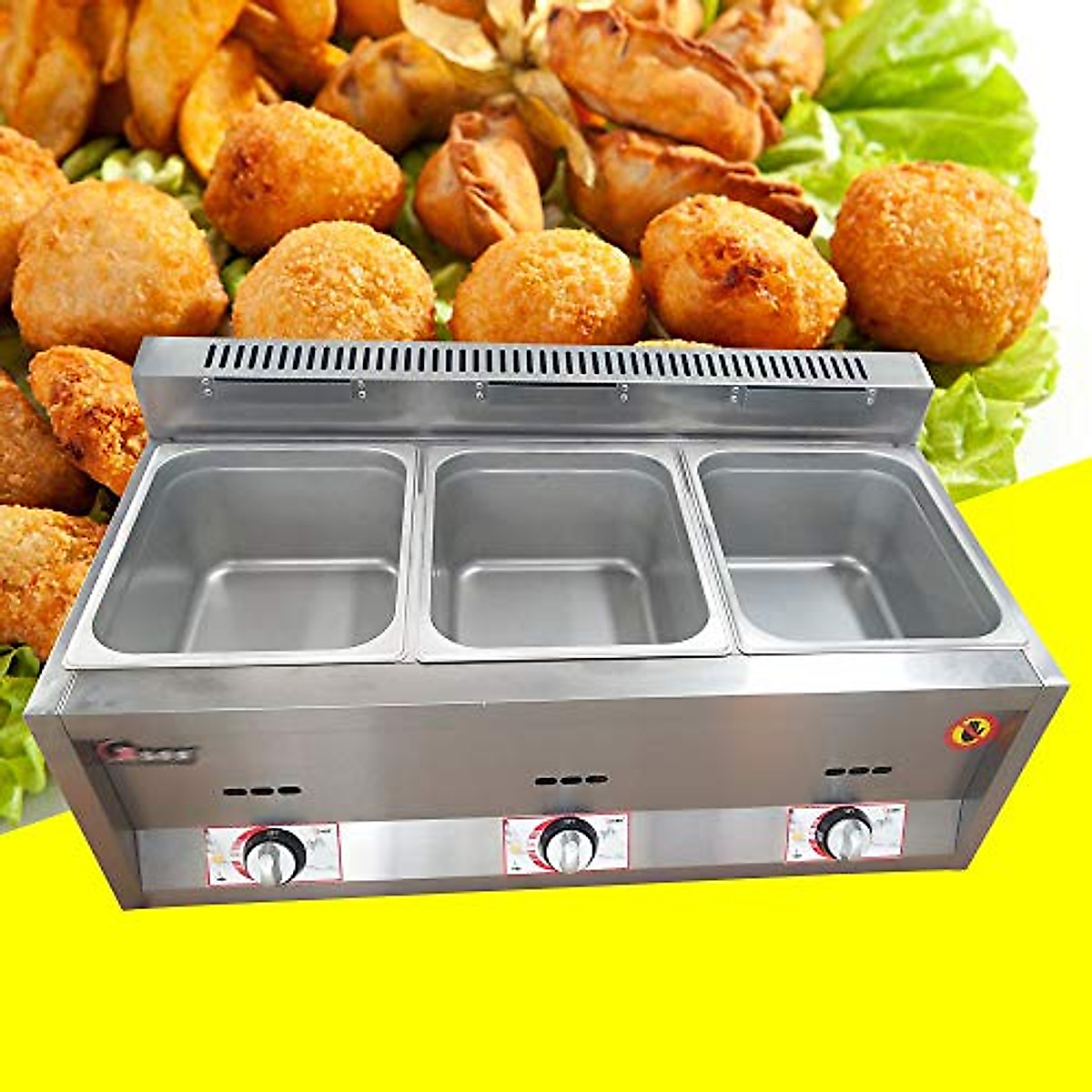 3 Pan 6L Pans Gas Deep Fryer Countertop, Commercial Food Warmer Heater Stainless Steel Buffet Countertop Heating Pot Steamer Soup Warmer for Catering and Restaurant
