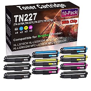 Kolasels (with Chip) 10-Pack (4BK+2C+2Y+2M) Compatible HL-L3210CW HL-L3230CDW Toner Cartridge (High Capacity) Replacement for TN-227 TN227 (TN-227BK+TN-227C+TN-227Y+TN-227M) Printer Cartridge