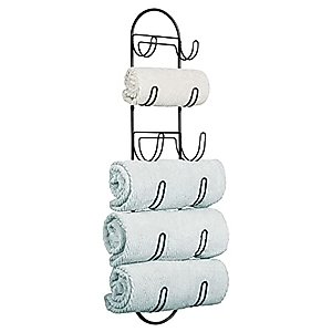 mDesign Steel Wall Mount Towel Rack with 6 Compartments - Towel Holder and Towel Storage Shelf Organizer for Bathroom, Powder Room - Concerto Collection - Black
