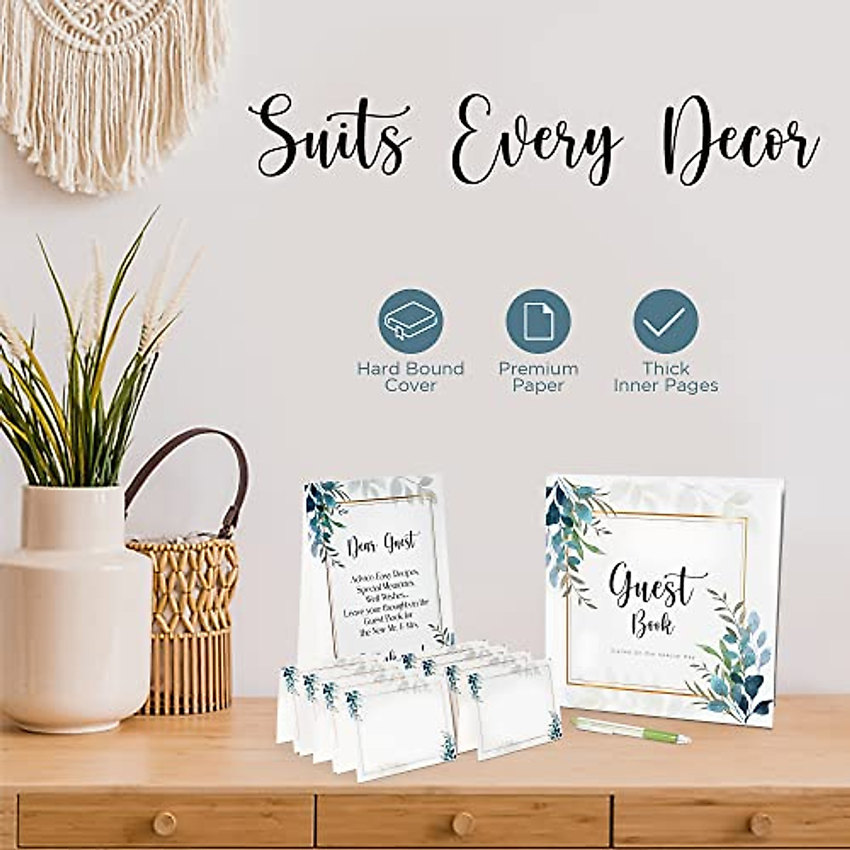 Guest Book Wedding Reception, Hardcover Decorative Guestbook, Alternative Sign in, Blank Pages Personal Messages, Decorative Book for Home, Includes Pen, Instructional Sign, and 10 Tent Cards.