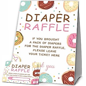 JCVUK Baby Shower Games, 1 Diaper Raffle Standing Sign with 50 Diaper Raffle Tickets,Donut Love Theme Babyshower Party Decorations and Supplies For Boys or Girls(LBLK-B12)
