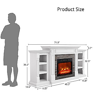 Naice 70" Electric Fireplace with Mantel and Cabinets, Fireplace TV Stand for Living Room Bedroom, Stacked Stone Surround and Remote Control 3D Realistic Flame, White