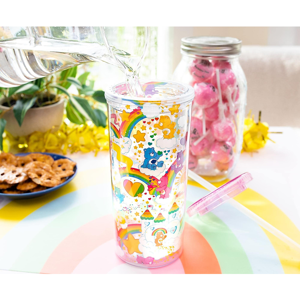 Silver Buffalo Care Bears Rainbow Stars Plastic Carnival Cup, Travel Tumbler With Lid and Reusable Straw | Holds 20 Ounces Yellow