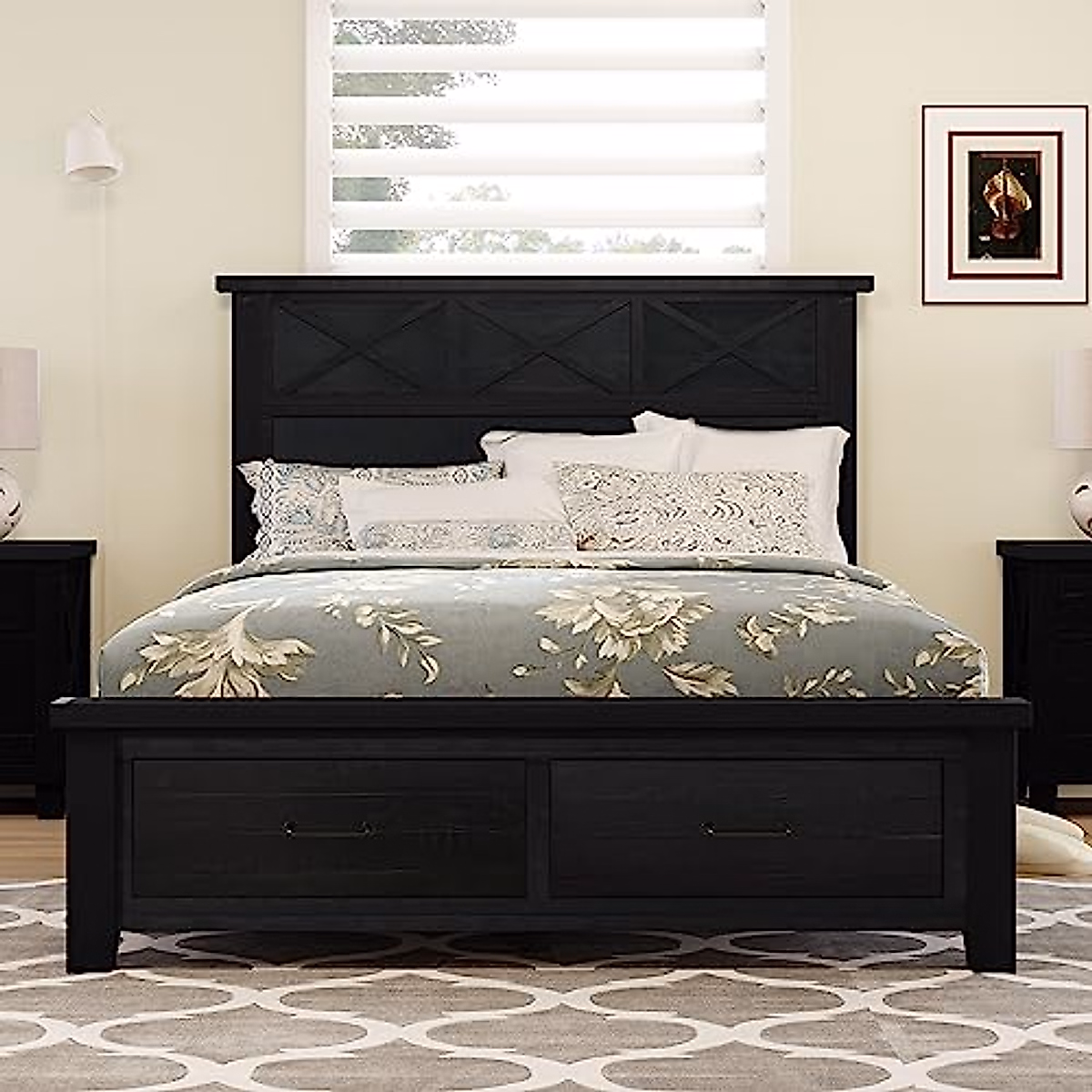 SOFTSEA Queen Size Modern Bed Frame with Drawers Queen Size Platform Bed Frame with High Headboard
