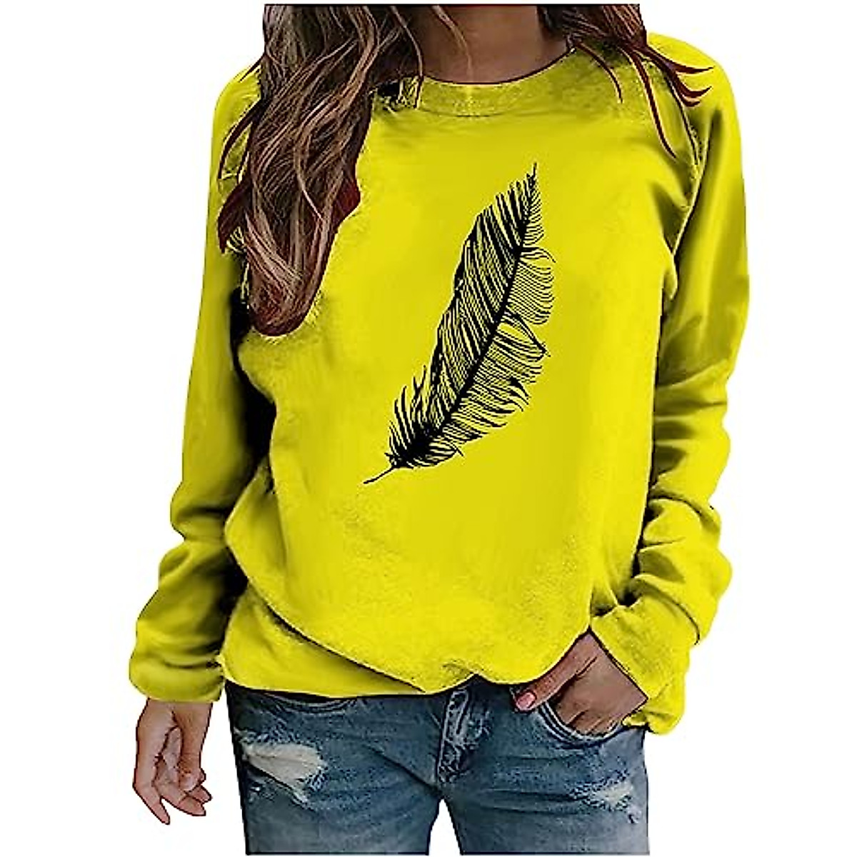 LAWOR Women'S Tops 2023 Summer Sudaderas capucha sudaderas la moda para mujer camisa manga larga estampado plumas jersey cuello redondo otoño G2-Yellow X-Large
