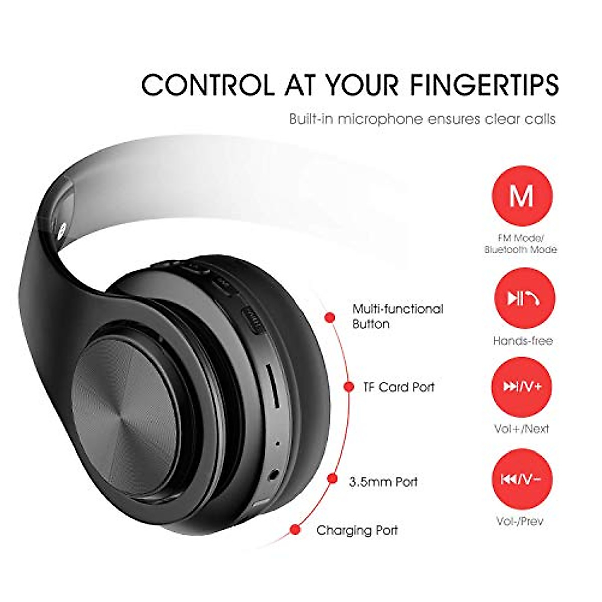Viwind Wireless Bluetooth Headphones Over Ear with Mic,Foldable Noise Cancelling Headset for Travel Work TV PC Android Cellphone 【Hi-Fi Stereo &Comfortable Earpads】-Black