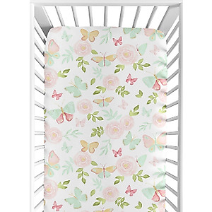 Sweet Jojo Designs Blush Pink, Mint and White Watercolor Rose Baby or Toddler Fitted Crib Sheet for Butterfly Floral Collection
