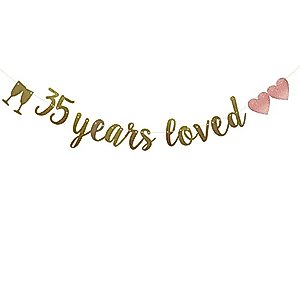 35 Years Loved Banner, Pre-Strung, Gold Glitter Paper Garlands for 35th Birthday/Wedding Anniversary Party Decorations Supplies, No Assembly Required,(Gold) SUNbetterland