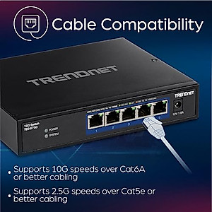 TRENDnet 5-Port 10G Switch, 5 x 10G RJ-45 Ports, 100Gbps Switching Capacity, Supports 2.5G and 5G-BASE-T Connections, Lifetime Protection, Black, TEG-S750