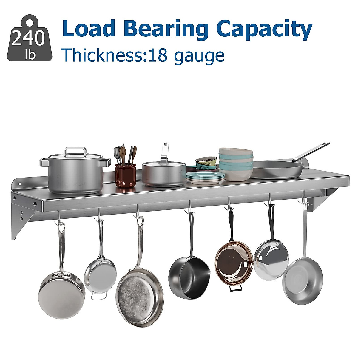 KYBOLT 12"x60" Stainless Steel Shelf,Multifunctional Metal Wall Mounted Shelf,Stainless Steel Kitchen Shelf with 2 Stainless Steel Backsplashs and 7 Hooks