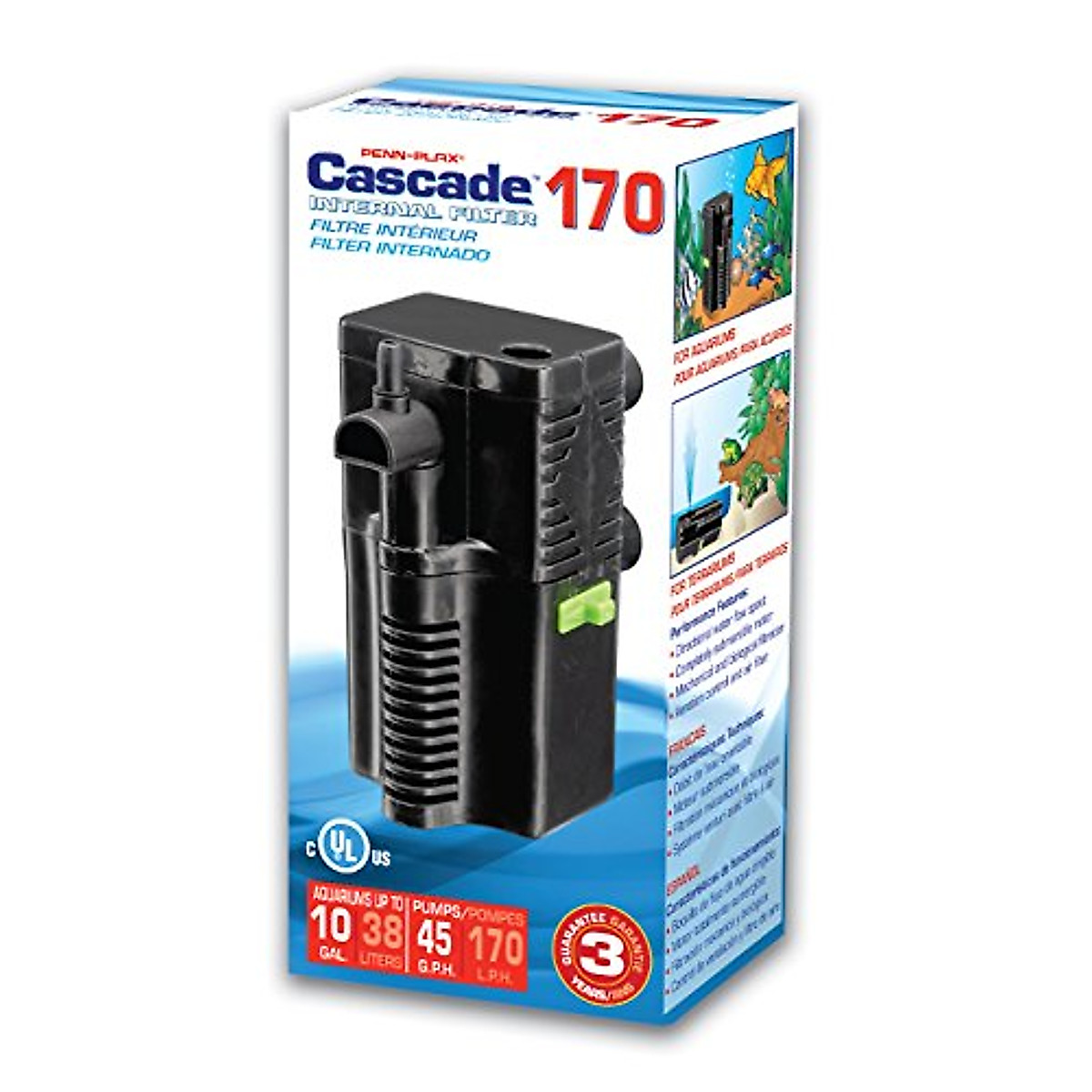 Penn-Plax Cascade 170 Fully Submersible Internal Filter – Provides Physical and Biological Filtration for Freshwater Aquariums, Nano Tanks, Turtle Tanks, and Terrariums