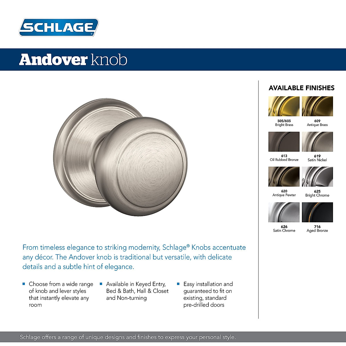 Schlage F40 AND 716 ADD Andover Door Knob with Addison Trim, Bed & Bath Privacy Lock, Aged Bronze