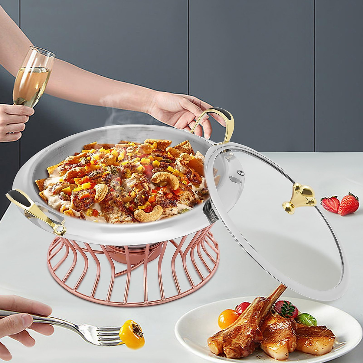 Round Stainless Steel Chafing Dish Buffet Catering Chafers Buffet Warmers with Fuel Holder for Hotels, Buffets, Restaurants (Red Copper)