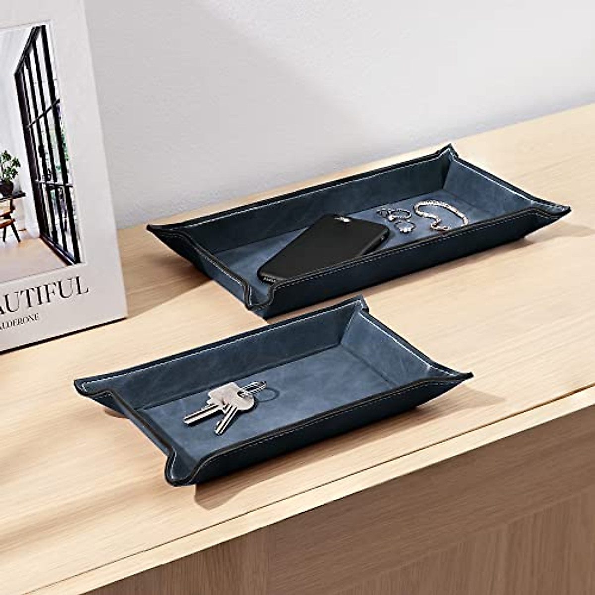 Navaris Faux Leather Tray Set - 2 Valet Organizer Trays for Bedside Table, Night Stand, Desk - Store Keys, Change, Wallet, Phone, Glasses - Navy Blue